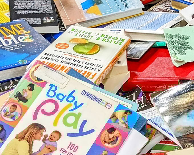 Literary treasures await the patient hunter&mdash;cookbooks, novels, and self-help guides all jumbled together like thoughts in a creative mind.