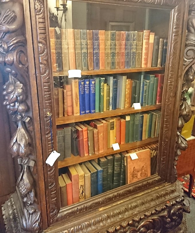 Behind this ornately carved bookcase door lies literary history&mdash;leather-bound volumes whose pages have been turned by generations of curious minds.