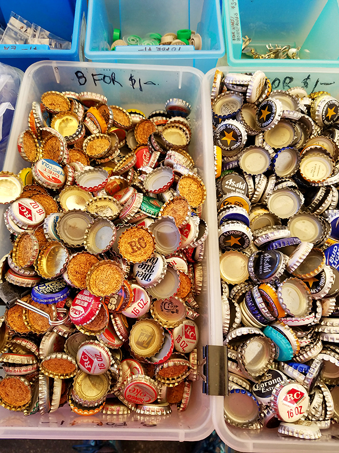 Bottle caps transformed from trash to treasure. One person's recycling bin contents become another's craft project, man cave decor, or quirky jewelry.