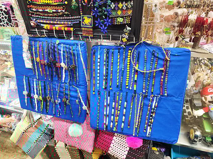 Handcrafted bracelets in every color of the rainbow create a wearable art gallery. Someone's passion project becomes another's fashion statement.