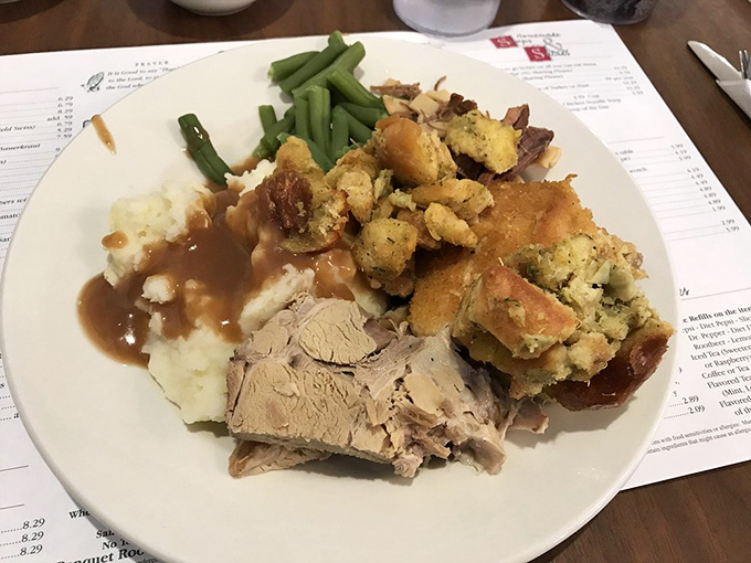 A Thanksgiving preview that's available year-round. Turkey, stuffing, and green beans forming the holy trinity of satisfaction.