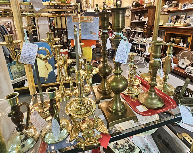 Brass candlesticks that have illuminated countless dinner parties stand ready for their next romantic evening or power outage.