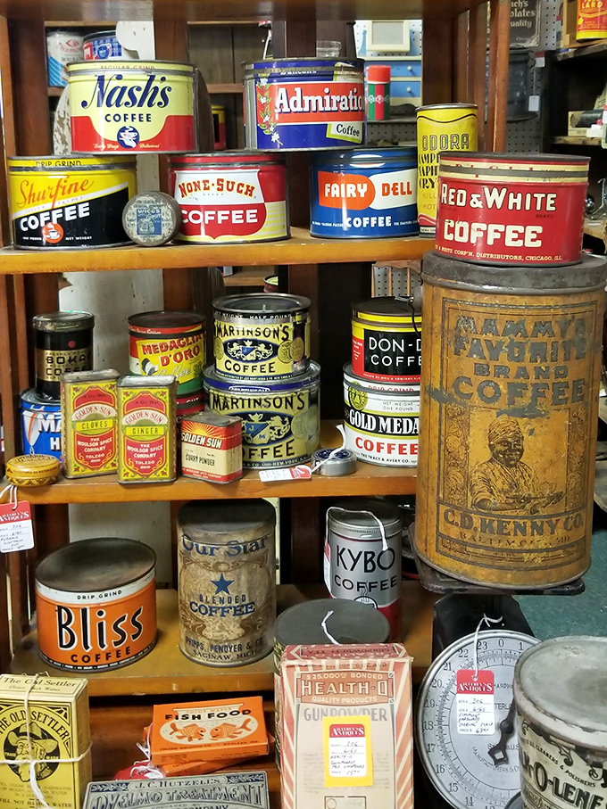 Coffee tins that once graced American pantries now stand as colorful monuments to advertising art that puts modern packaging to shame.