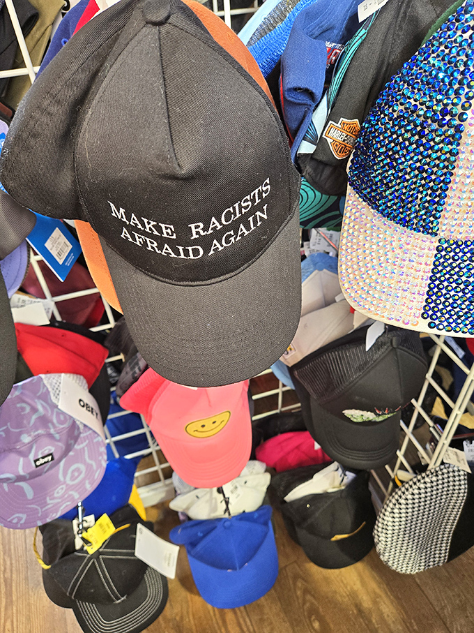 Baseball caps display more personality than most social media profiles, each one ready to shade new adventures.
