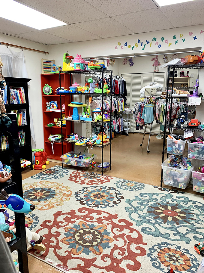 The children's section, where alphabet letters dance overhead and toys await new adventures with tiny hands at prices that won't break the piggy bank.