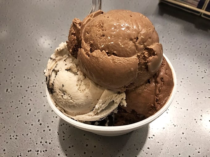 Triple-scoop perfection that makes diets weep. The tower of flavors that launched a thousand "just one more bite" promises.