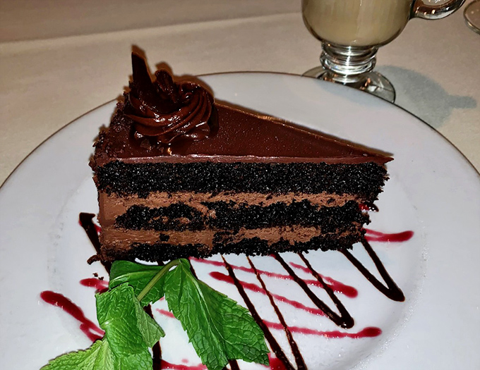 Three layers of chocolate decadence that could negotiate peace treaties and solve world hunger simultaneously.