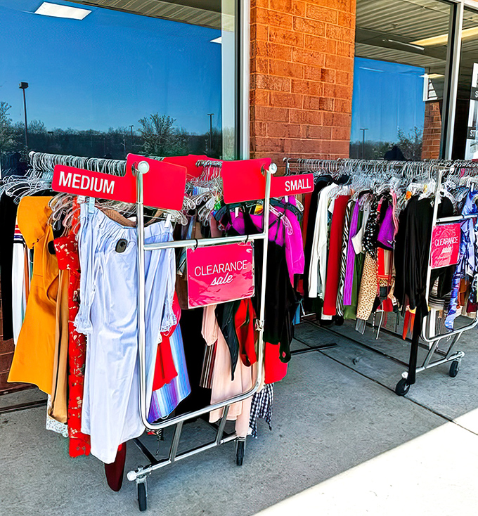 Sidewalk fashion alert! These rolling racks of clearance items are the first line of temptation before you even enter.