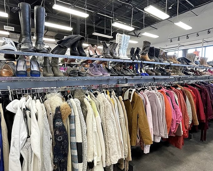 Winter coats and boots displayed above, ready for Idaho's colder months. Seasonal awareness in secondhand shopping is surprisingly refreshing.