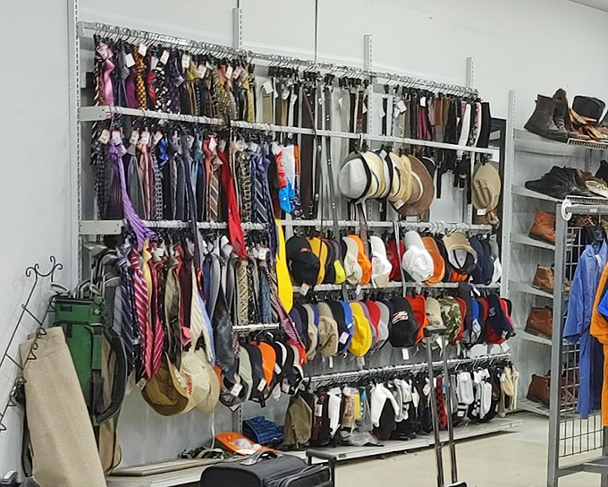 Hat heaven meets tie nirvana. This accessories wall could transform anyone from fashion disaster to vintage virtuoso in one shopping trip.