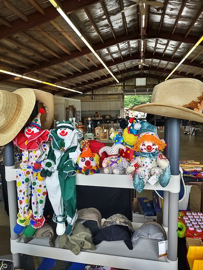 Not for the coulrophobic! Vintage clown collectibles stand guard in the indoor section, their perpetual smiles either charming or slightly terrifying, depending on your perspective.