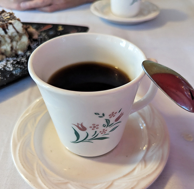Even the coffee service gets the elegant treatment with delicate floral china that makes every sip feel special.