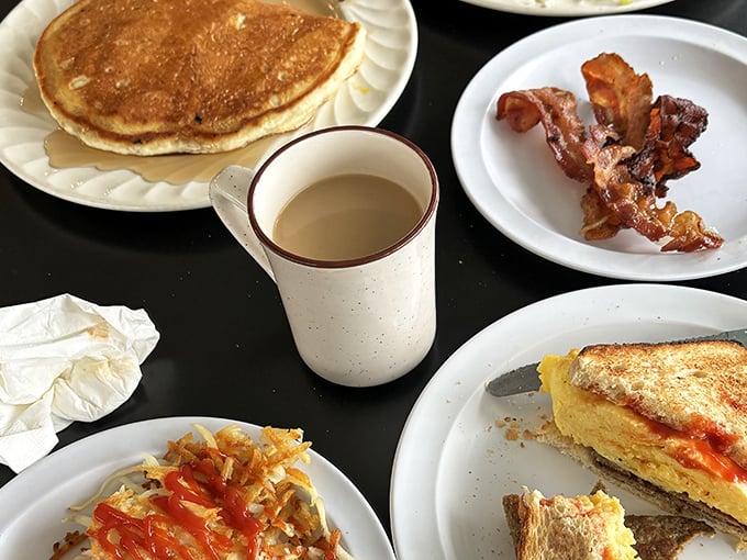 A proper diner spread with coffee in that iconic mug&mdash;the kind that somehow makes the coffee taste better than any fancy porcelain ever could. 