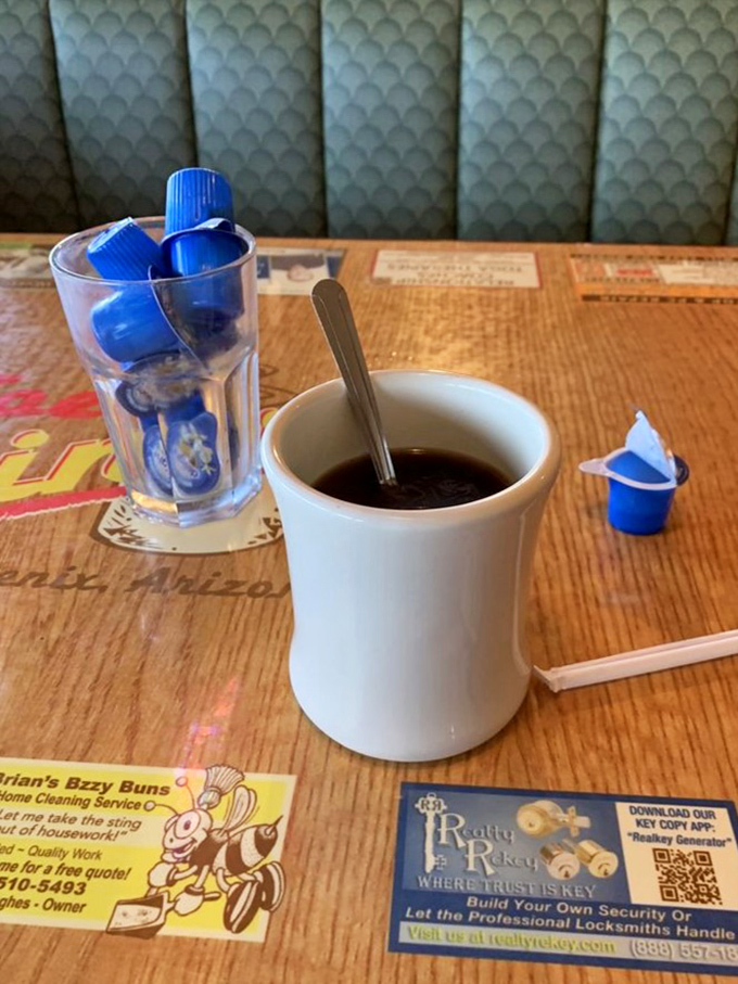 Diner coffee in its natural habitat&mdash;strong, honest, and served in a mug substantial enough to warm both hands on chilly desert mornings.