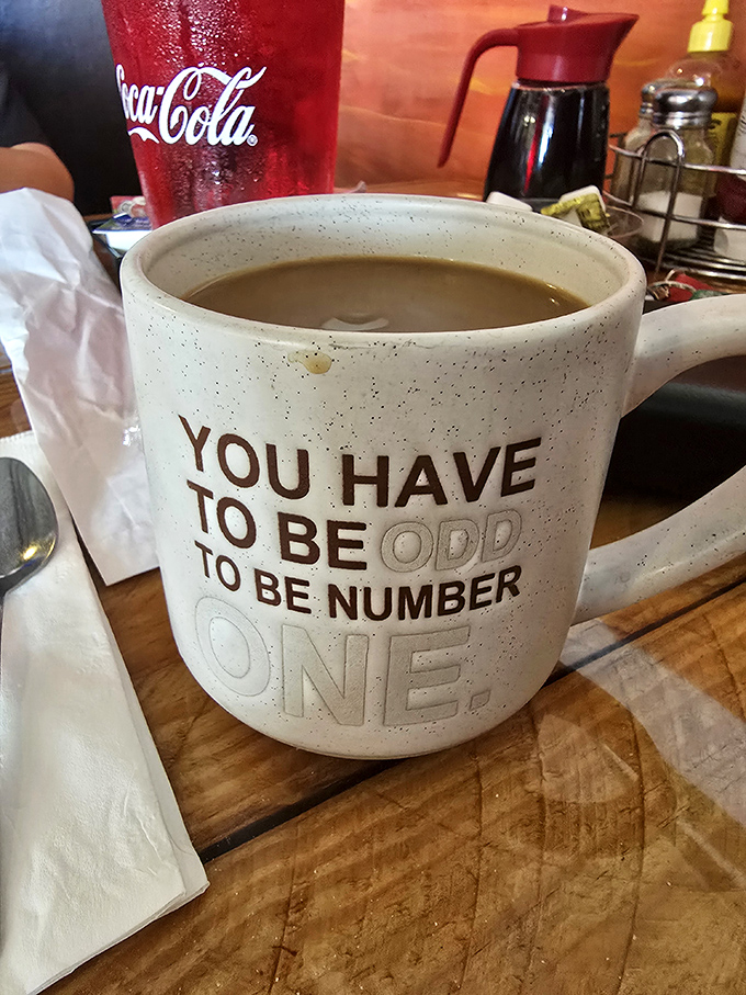 Even the coffee mugs have personality. Nothing says "authentic diner experience" like sipping from a mug with attitude and bottomless refills.
