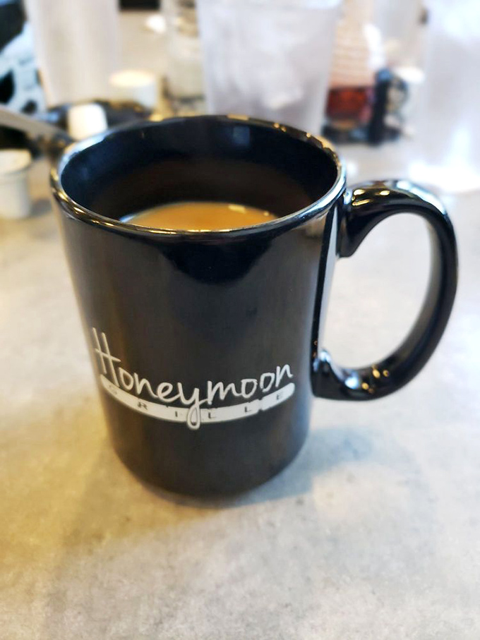 The official morning handshake at Honeymoon Grille comes in a sturdy mug. Relationship status: It's complicated until caffeinated.