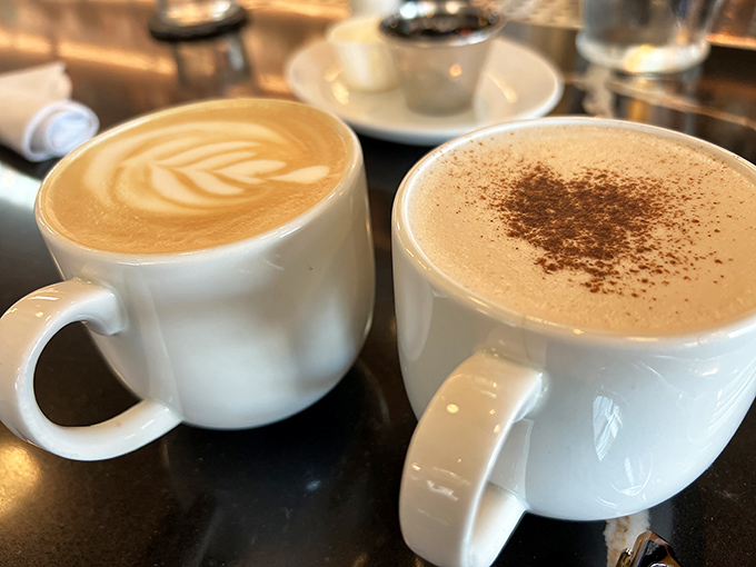 Coffee art so pretty you almost don't want to drink it. Almost. The perfect companions for marathon conversations or solo contemplation of life's great mysteries. 