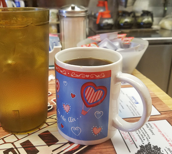The coffee comes in mugs with personality, because at places like Midway, even your beverage container tells a story.