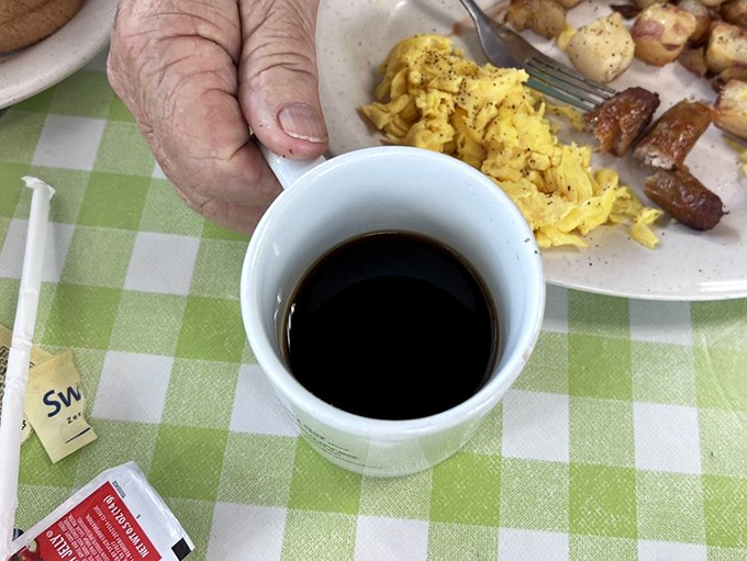 Simple black coffee in a styrofoam cup&mdash;because sometimes the perfect accompaniment to breakfast bliss doesn't need fancy foam art.