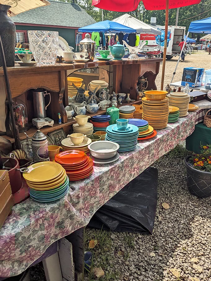 Fiestaware fantasies come true! Rainbow stacks of vintage dishes waiting to brighten someone's dining table and dinner conversations.