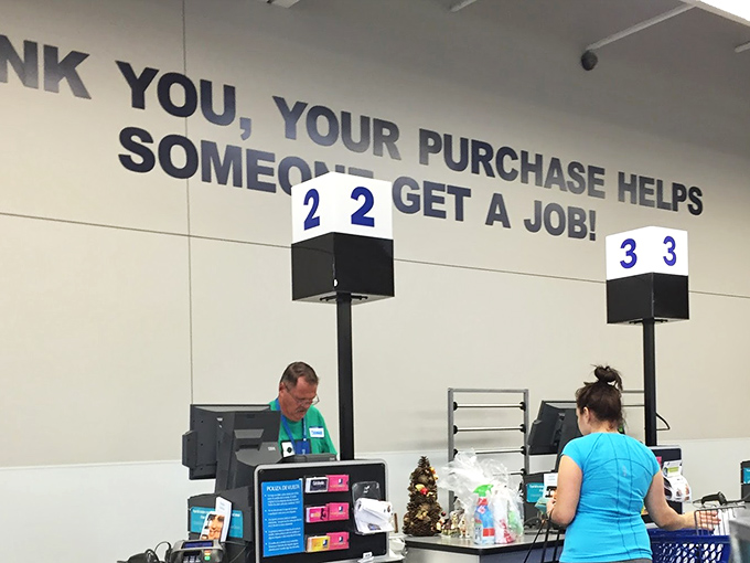 "Your purchase helps someone get a job!" The checkout area reminds shoppers that bargain hunting here supports a greater community mission.