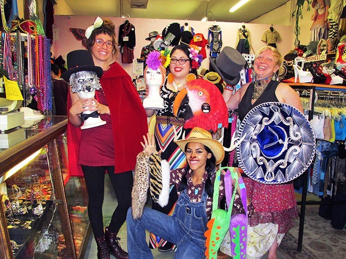 Thrift shopping is better with friends who aren't afraid to play dress-up. These shoppers know the joy of trying on someone else's abandoned personality.