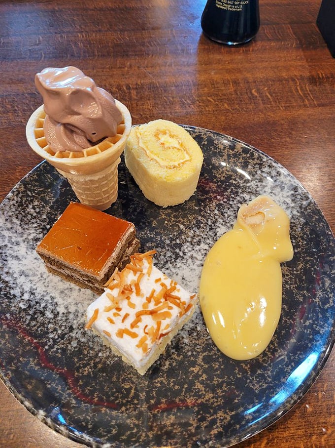 Dessert: where the tiny plate is merely a suggestion, not a limitation. That chocolate square is calling your name.