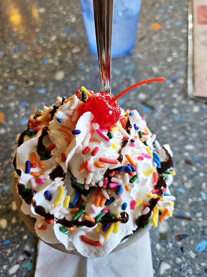 This isn't just ice cream&mdash;it's childhood joy in a dish, crowned with whipped cream, rainbow sprinkles, and that essential cherry on top. 