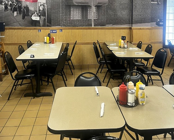 The dining room where Cleveland's food dreams come true. Simple tables, condiment caddies, and the promise of sandwich nirvana just moments away.