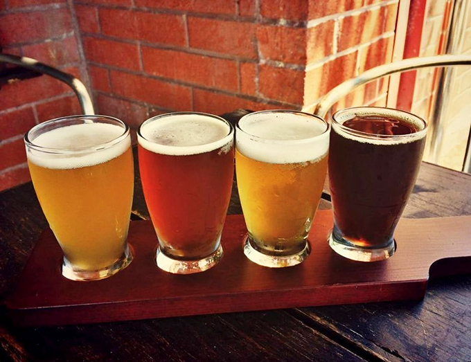 A flight of craft beers lined up like eager contestants in a beauty pageant where everybody wins, especially your taste buds.