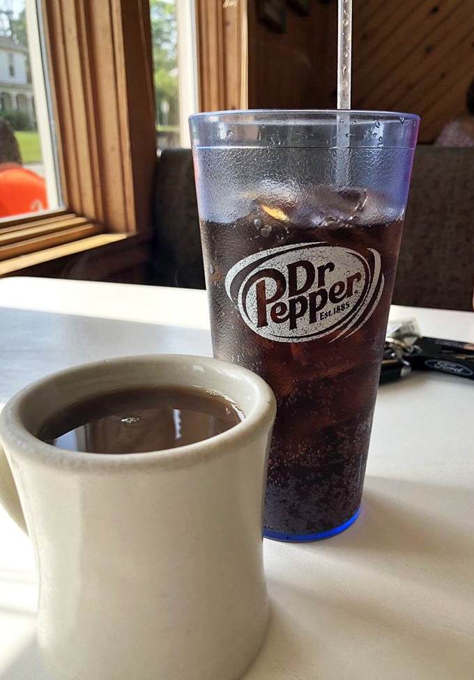 The classic pairing &ndash; a steaming cup of diner coffee alongside an ice-cold Dr. Pepper, because sometimes you need both kinds of fuel.