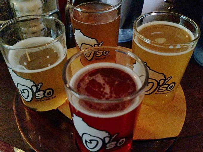 A flight of Wisconsin craft beers from O'so Brewing Company &ndash; because nothing complements fried cheese better than locally brewed liquid gold.