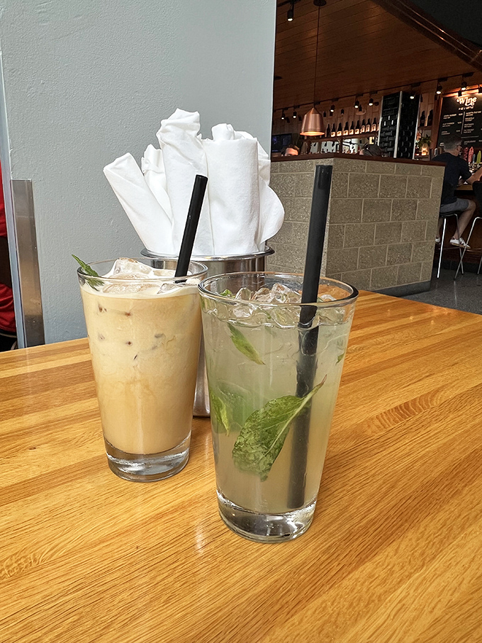 Cocktails that don't need tiny umbrellas to announce their presence. That iced coffee looks like it could power a small midwestern town.