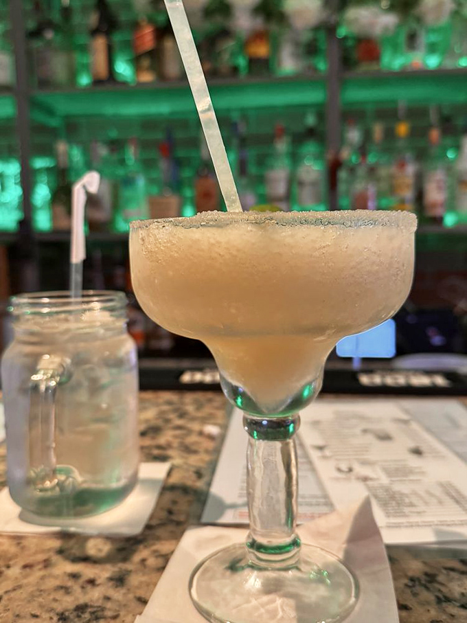 That margarita's frost pattern suggests someone in the bar knows exactly what they're doing back there.