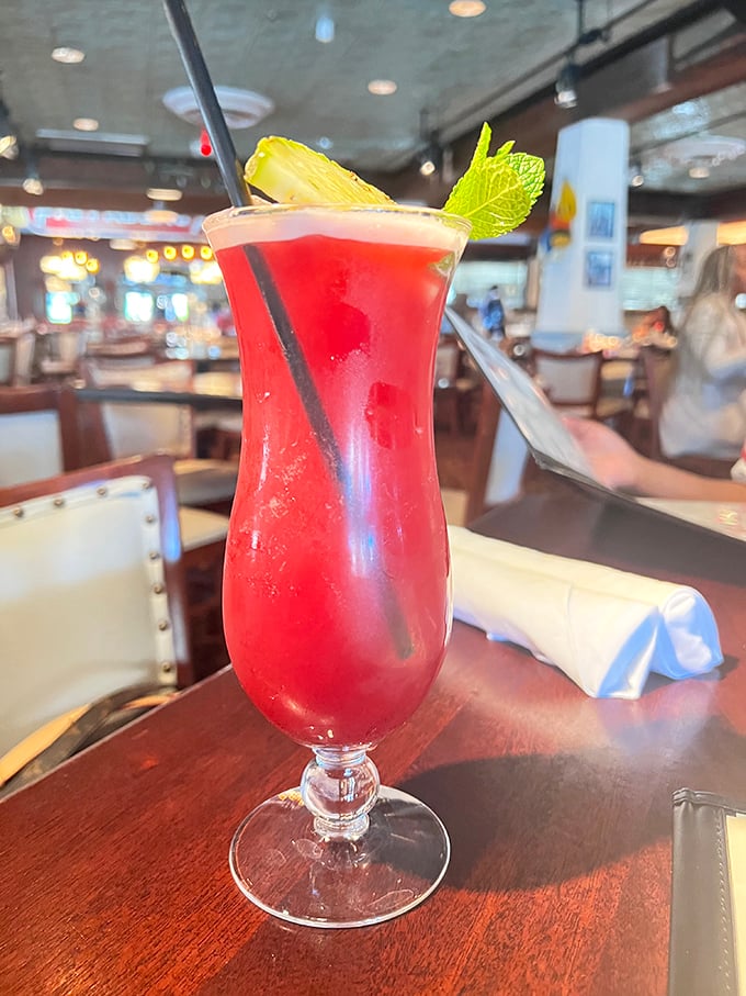 Their Hurricane cocktail&mdash;where fruit juice meets its more interesting cousin rum. Garnished with enough fruit to count as a vitamin.