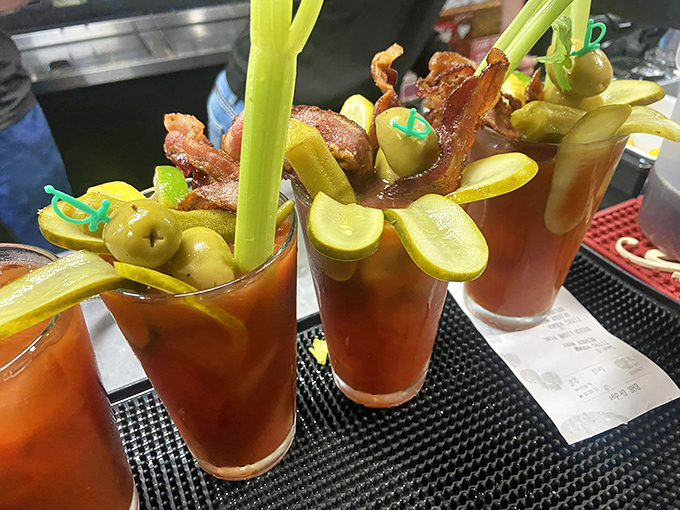 The Bloody Marys arrive like edible still lifes &ndash; spicy, savory, and adorned with enough garnishes to count as a small appetizer.