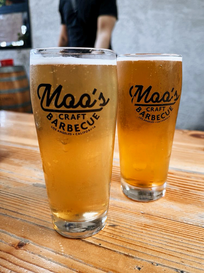 Cold beer in branded glasses &ndash; because nothing complements hours of slow-smoking like minutes of slow-sipping.