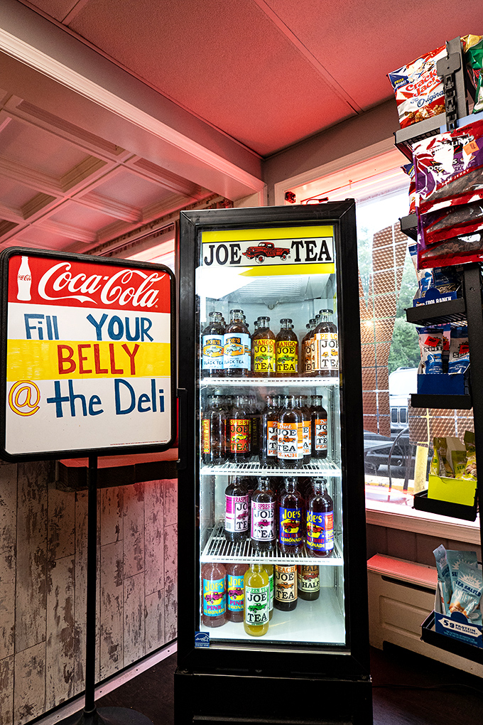 The beverage cooler&mdash;sanctuary of Joe Tea and liquid refreshment. Because conquering sandwiches of this magnitude requires proper hydration support.