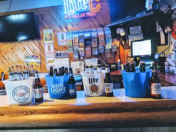 The bar's beer buckets stand ready for duty&mdash;soldiers of refreshment awaiting deployment to thirsty patrons watching the game.