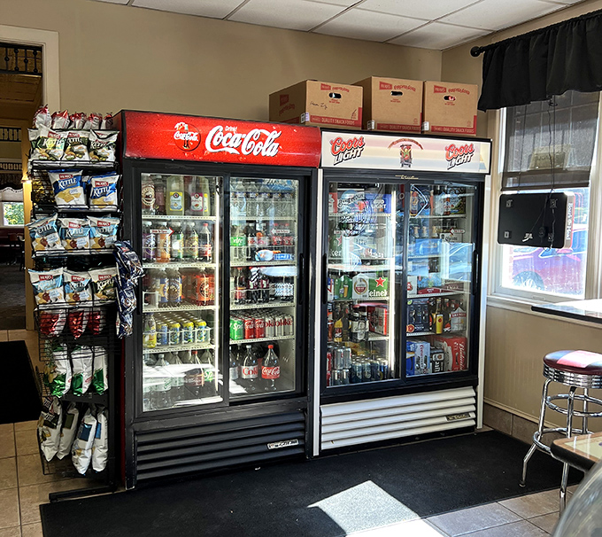 The drink section offers liquid refreshment for every palate, from soda enthusiasts to those needing a cold beer with their cheesesteak.