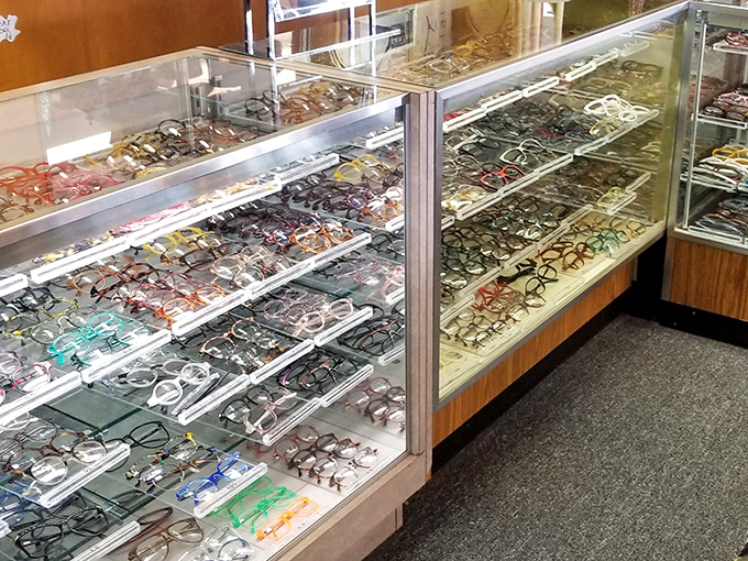 Frames upon frames of vintage eyewear await new faces. Find your inner Clark Kent, Buddy Holly, or that cool librarian you had a crush on.