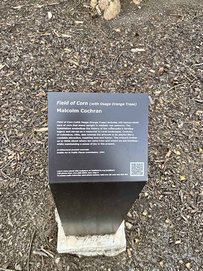 The informational plaque reveals artist Malcolm Cochran's vision&mdash;a playful yet poignant tribute to Dublin's agricultural roots before office parks arrived.