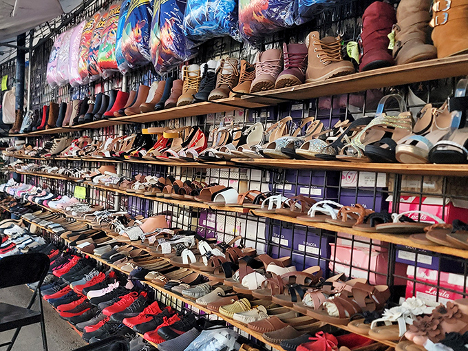 Footwear heaven! Rows upon rows of boots, sandals, and shoes create a dizzying display that would make Imelda Marcos feel right at home.