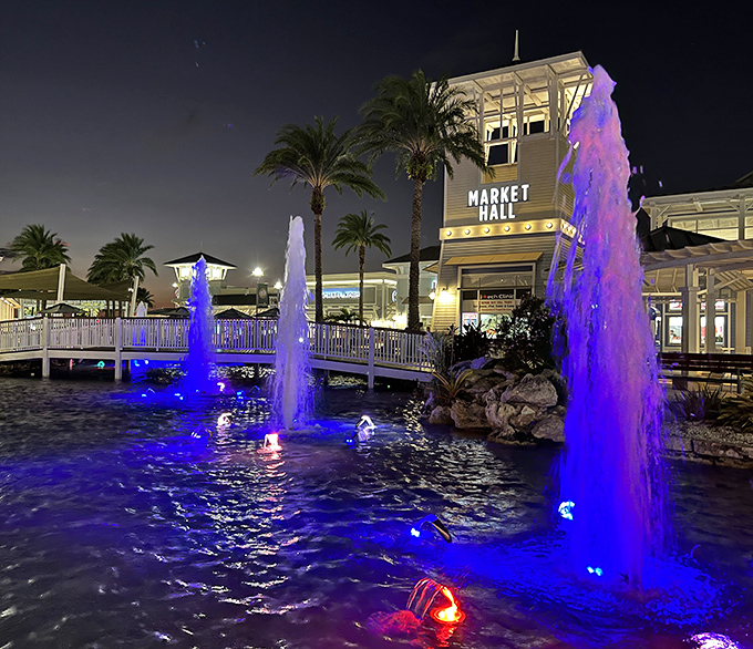 As night falls, the fountains transform into a colorful water ballet that makes post-dinner strolling an unexpected delight.