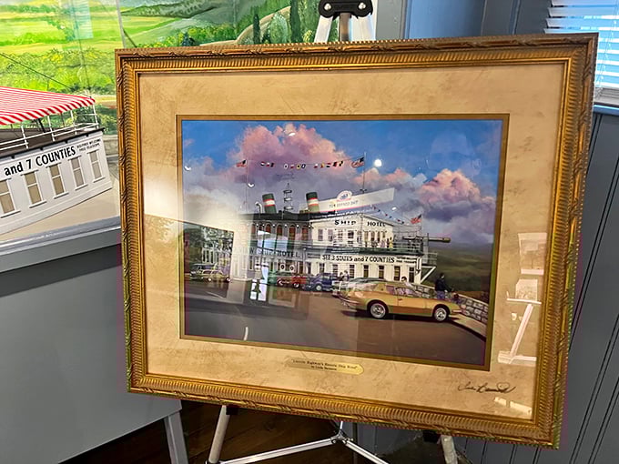 This framed artwork captures the Grand View Ship Hotel in its heyday, when motorists would "sail" above seven counties without leaving dry land.
