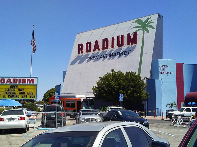 The palm tree-lined entrance hints at the California dreaming that awaits inside this marketplace.