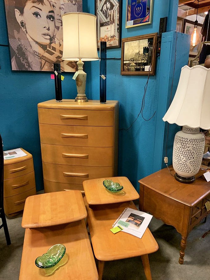 Mid-century modern paradise in turquoise and blonde wood. Don Draper would fight you for this perfectly preserved furniture set.