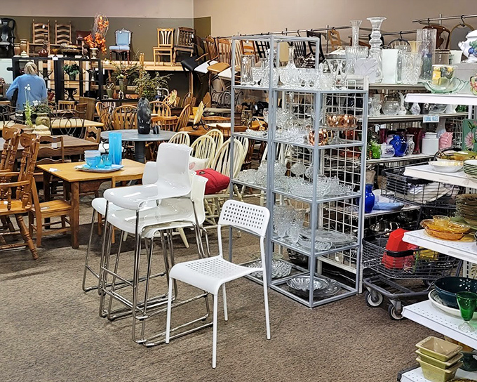 A forest of chairs and glassware where no two items are exactly alike. The white chairs look ready for a modern kitchen, while the wooden ones whisper of Sunday family dinners.