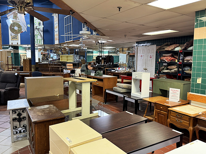 Furniture democracy in action—where mid-century modern mingles with traditional, and office chairs await their next desk assignment.