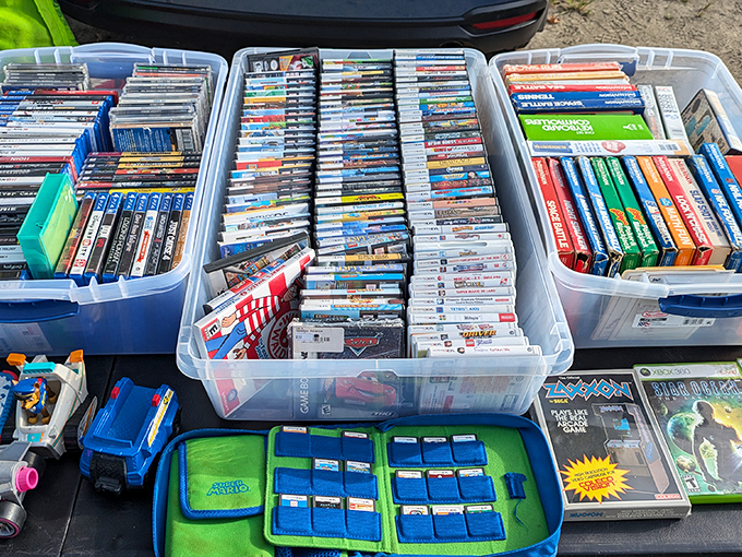 Video game heaven for collectors and nostalgic players alike. These plastic bins hold countless hours of digital adventures from simpler times.